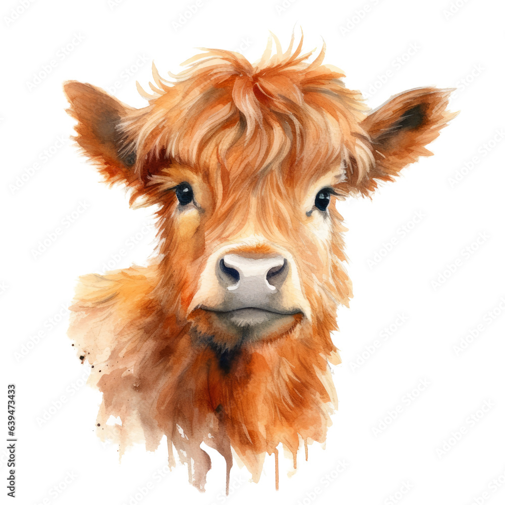 Baby highland cow portrait watercolor clipart on transparent background ...