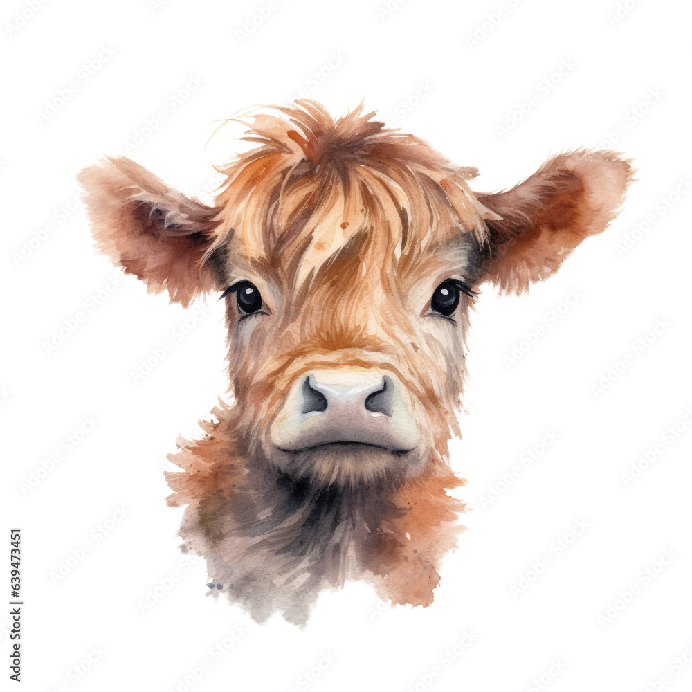 Baby highland cow portrait watercolor clipart on transparent background ...