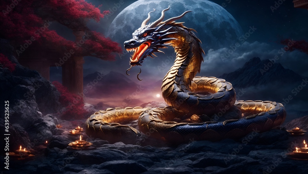 A giant Orochi serpent, its body writhing and twisting in the air ...