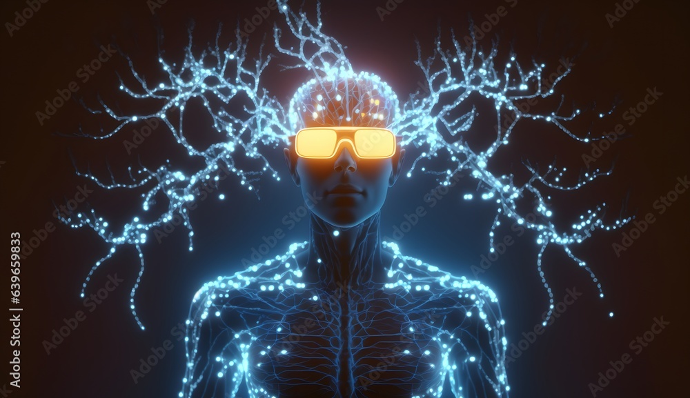 ภาพประกอบ Stock Virtual man people and neural network in VR glasses is ...