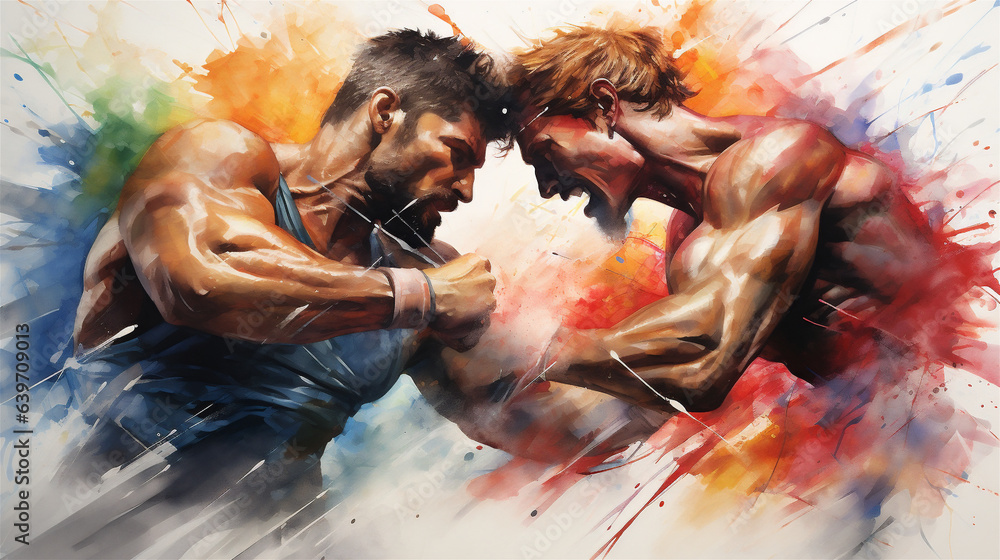 Vibrant Watercolor Painting, MMA Fighters Clashing, About to Punch Each ...