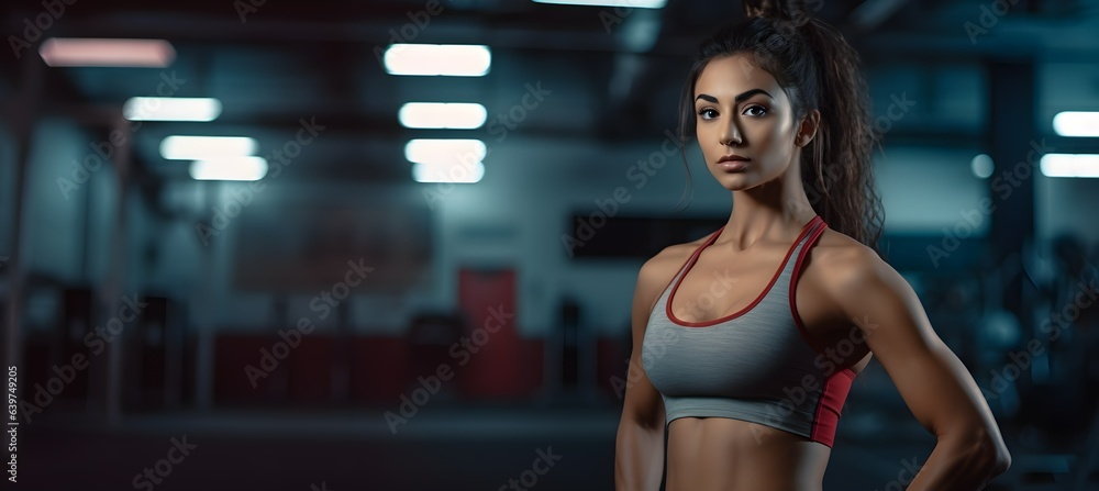Confident young Indian female fitness coach in a gym background ...
