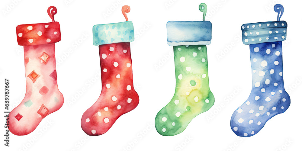 Watercolor Christmas stocking set on trasparent background, Watercolor ...