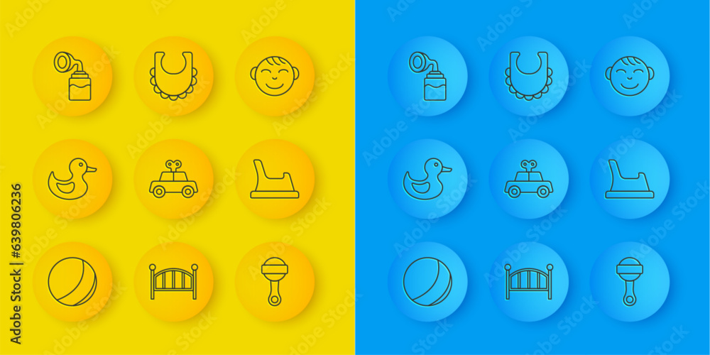 Set line Beach ball, Rubber duck, Toy car, Rattle baby toy, Baby potty ...