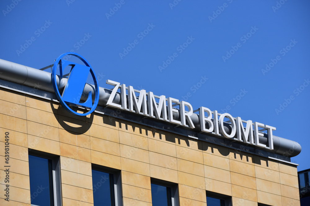 Zimmer Biomet. Medical device company signage, logo, emblem on the ...
