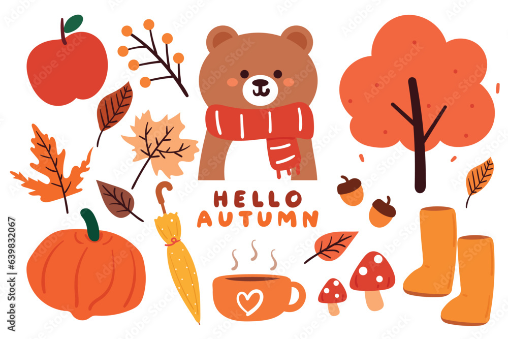 cartoon set of fall autumn vibes sticker set. hand drawing lettering ...