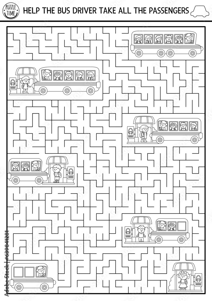 Transportation black and white maze for kids with school bus and pupils ...