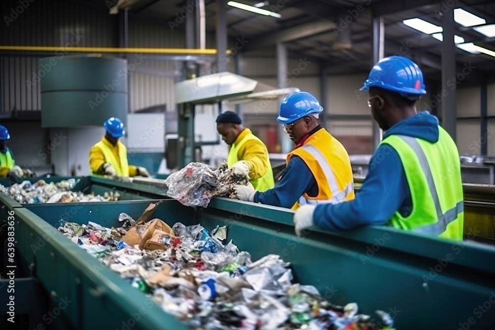 Waste sorting plant. Many different conveyors and bunkers. Workers sort ...