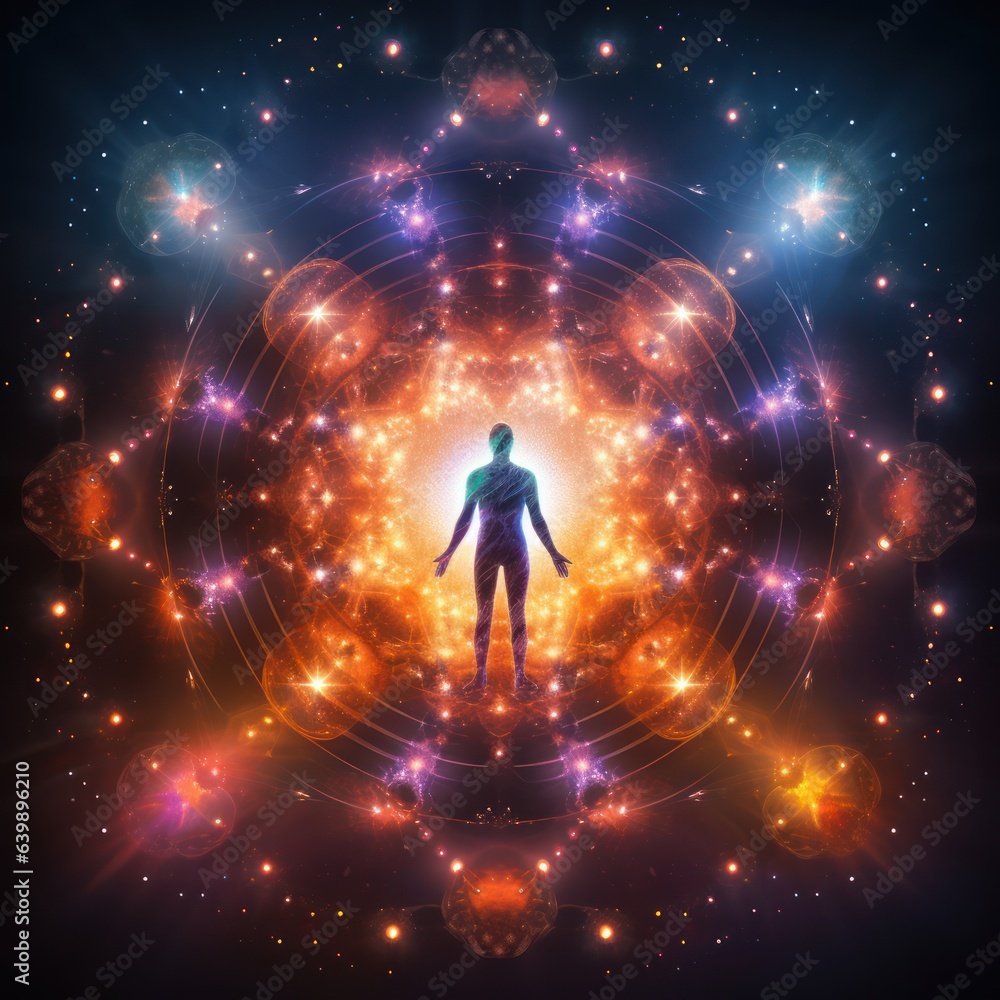 Astral body silhouette in lotus pose practicing yoga against cosmic ...