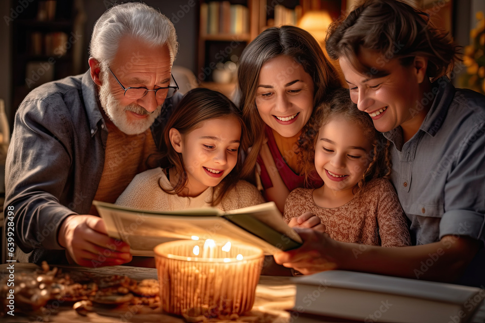 Photo Stock Grandparents, happy big family with their granddaughters ...