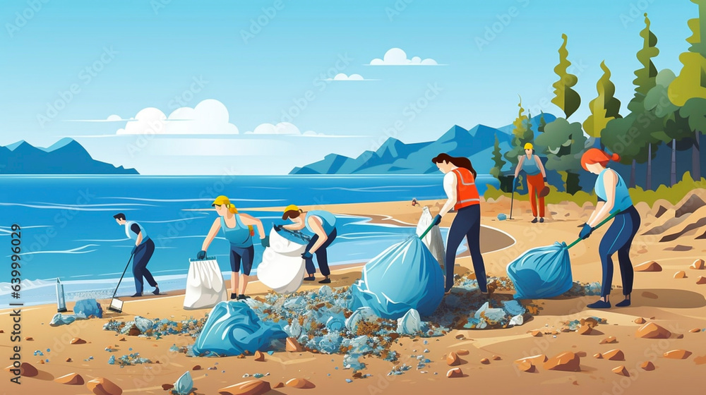 People volunteers clean up garbage on the beach by the sea. Polluted ...