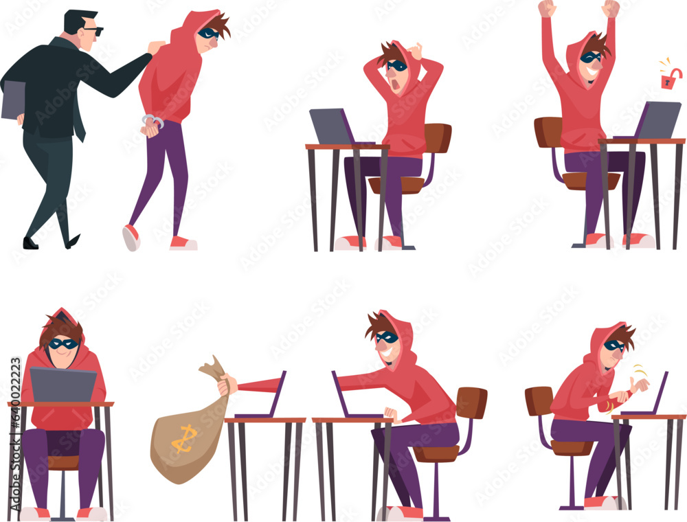 Hacker. Personal data hacking character with laptop exact vector masked online thief hacker ...
