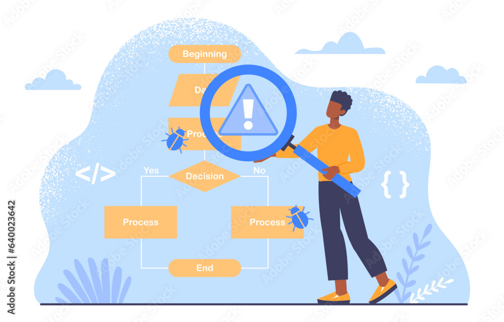 Software tester with loupe concept. Man with magnifying glass look at ...