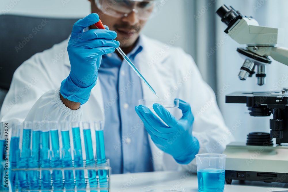 Asian male scientists white coat conducting research investigations ...