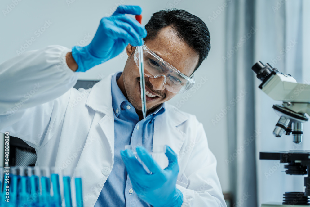 Asian male scientists white coat conducting research investigations ...