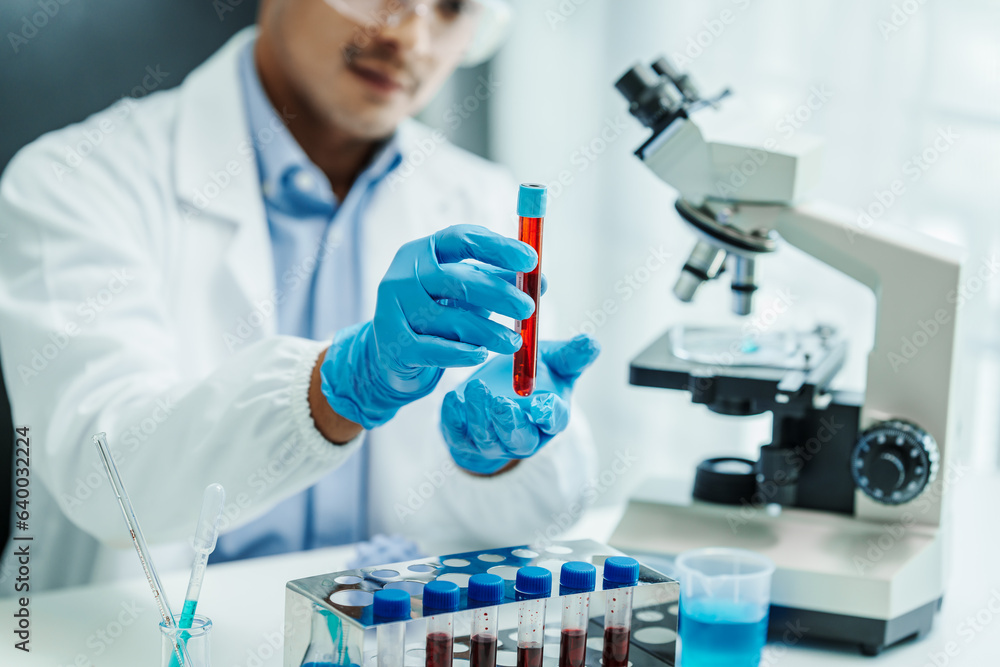 Asian male scientists white coat conducting research investigations ...