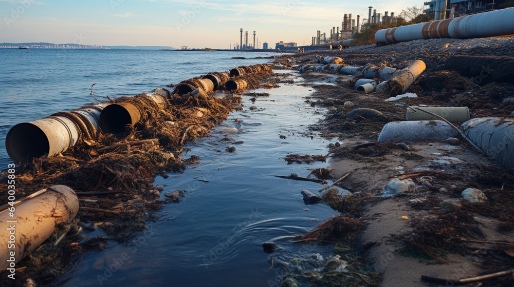 Contaminated water concept, Dirty water flows from the pipe into the ...