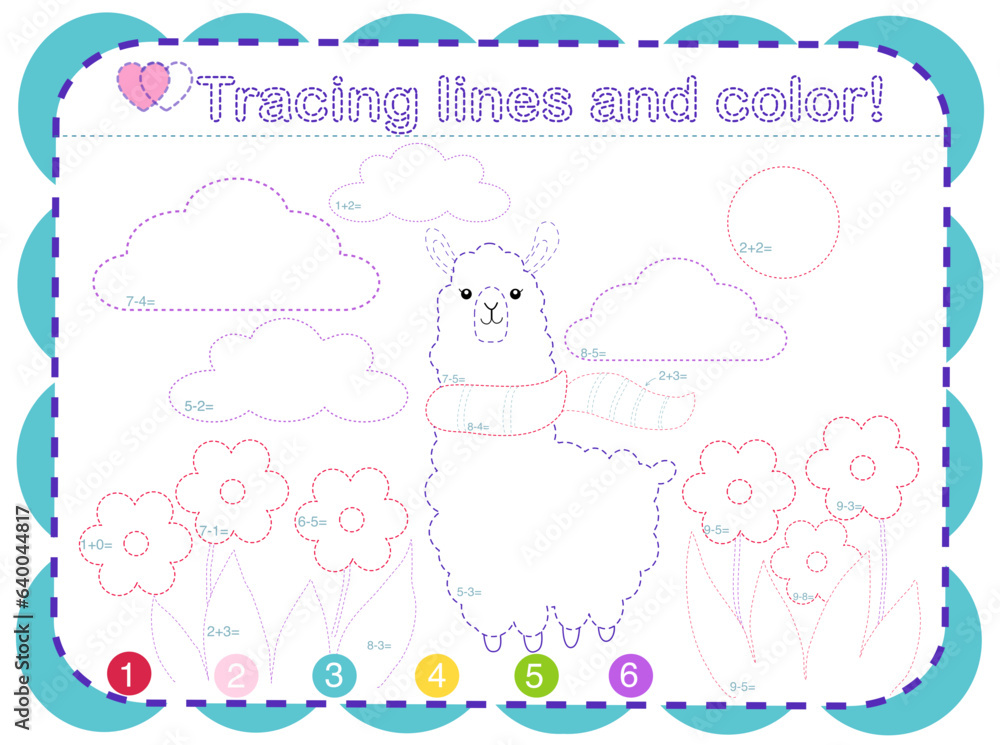 Trace line and color worksheet for kids. Basic writing. Working pages ...