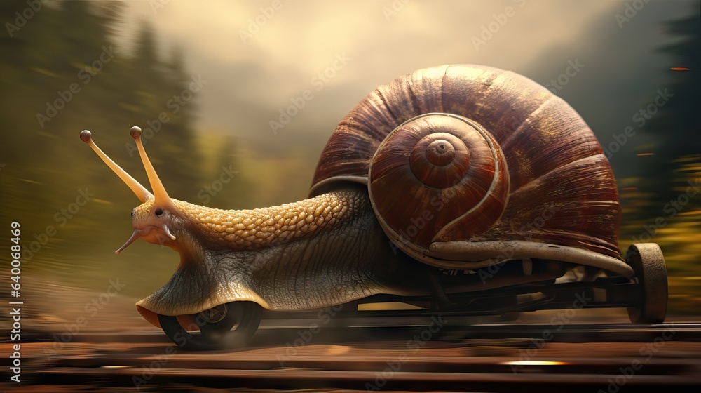 An imaginative image depicting a snail zooming rapidly toward a finish ...