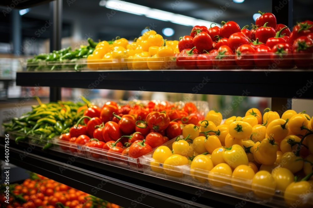 Tomatoes, green, yellow, orange, and red on the shelf in a supermarket ...