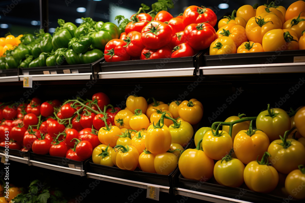 Tomatoes, green, yellow, orange, and red on the shelf in a supermarket ...