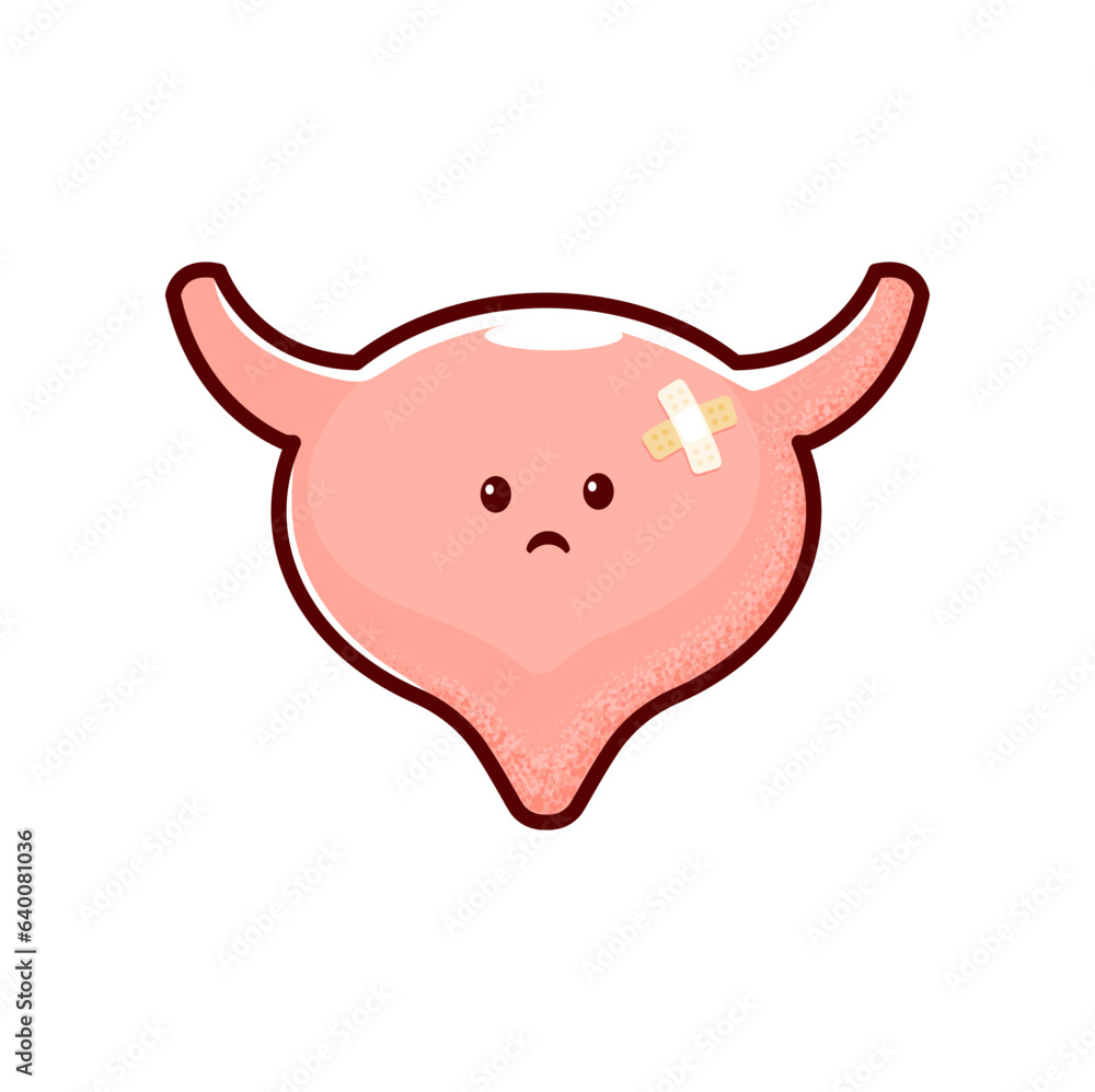 Cartoon sick bladder organ character with urethra, sad face and bandage ...