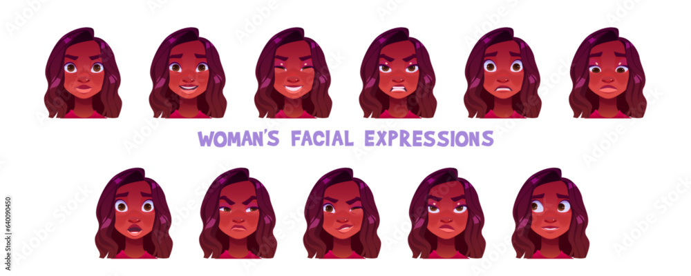 Woman facial expression cartoon vector set - african american young ...
