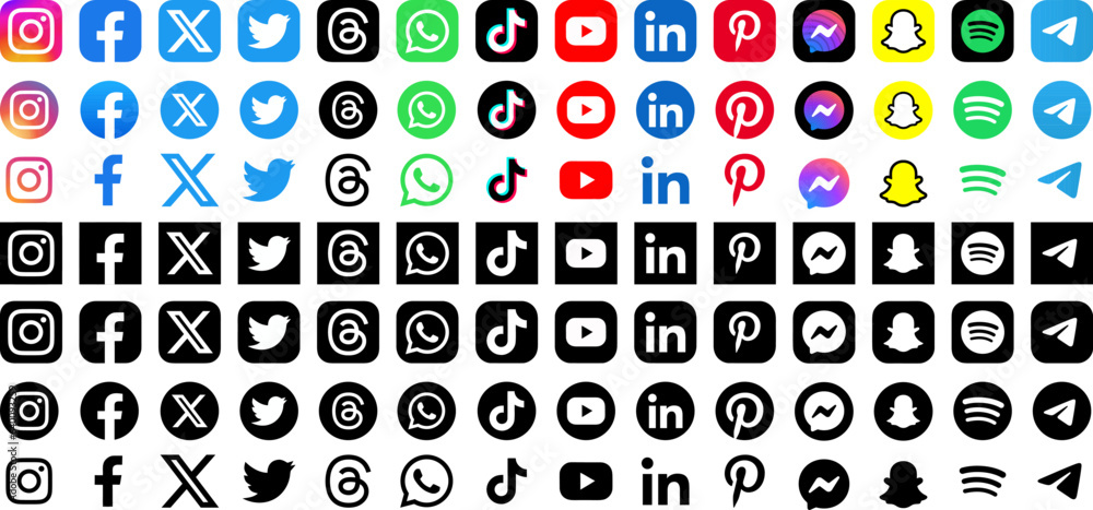 Social media icons pack. Instagram, Facebook, Twitter X, Threads ...