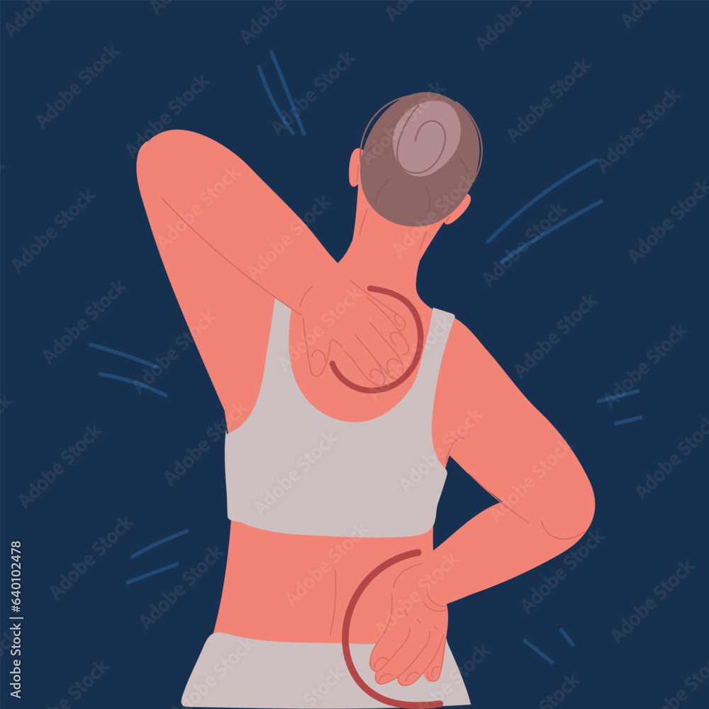 Cartoon vector illustration of Young back injured woman. Rear view ...