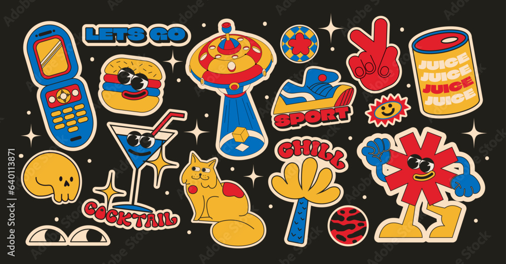 Cartoon retro stickers 90s elements. Abstract cool doodle characters ...