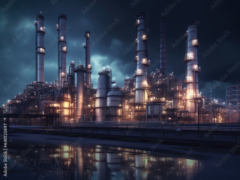 Generative AI illustration of aerial view of illuminated industrial ...