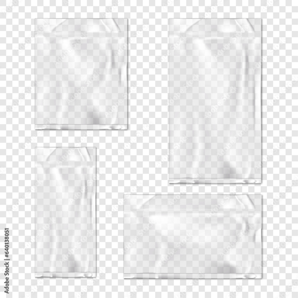 Vacuum sealed clear vinyl pouch. Vector mock-up set. Blank empty ...