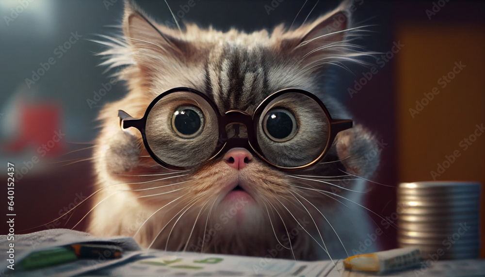 Cat on a table, Shocked cat in glasses with surprised eyes and counting money, Ai generated ...