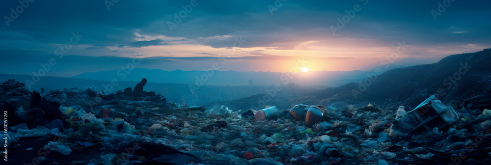 sprawling landfill site overflowing with mountains of discarded plastic waste, highlighting the ...