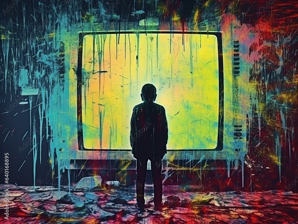 Child standing in front of 80s retro tv. Artwork poster design ...