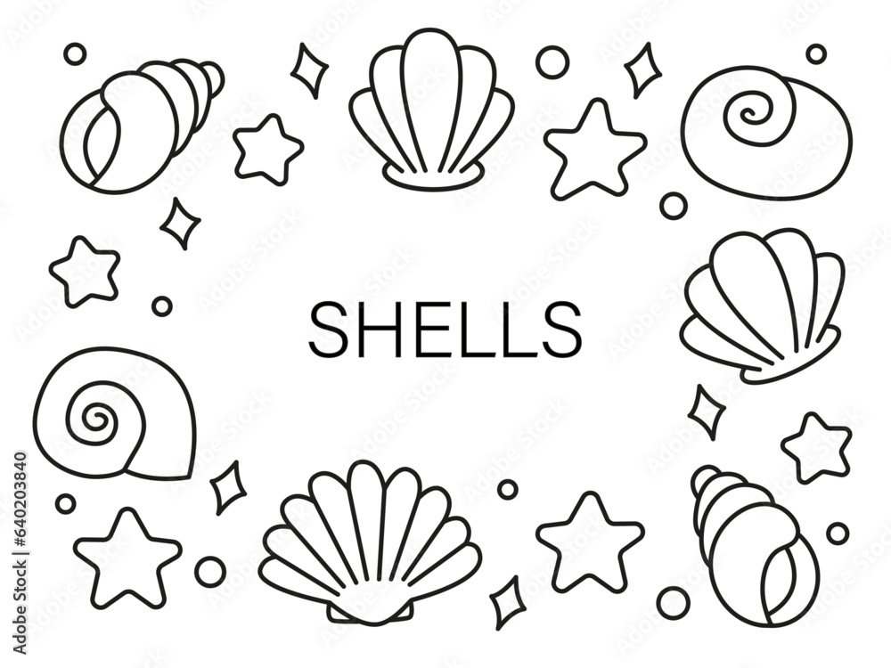 Set of seashells in doodle style, cartoon nautical icons. Sea frame ...