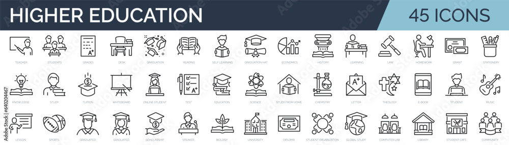 Set of 30 outline icons related to higher education, university. Linear ...