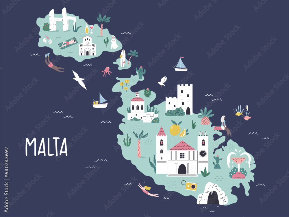Malta island hand drawn illustrated map with attractions, travel ...