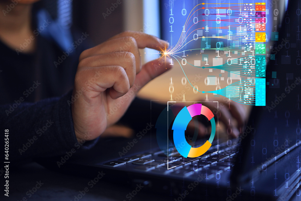 Programmer hand takeout pull grab data from laptop screen, data downloading source code from ...