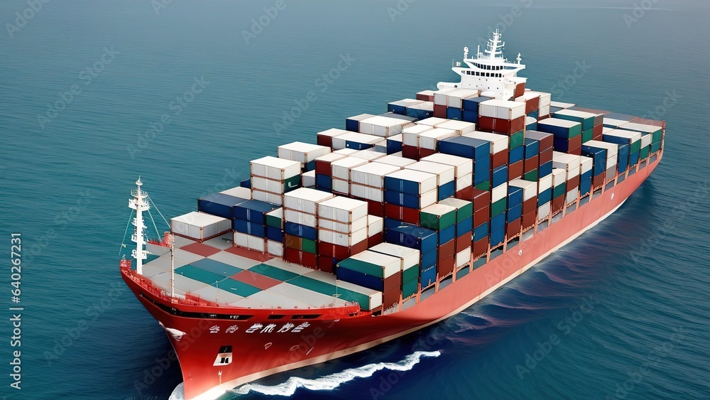 Top view of cargo sea ship with reverse rail in ocean vessel carrying ...