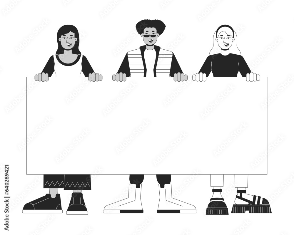 Stock-Vektorgrafik „Positive protesters holding blank poster flat line ...