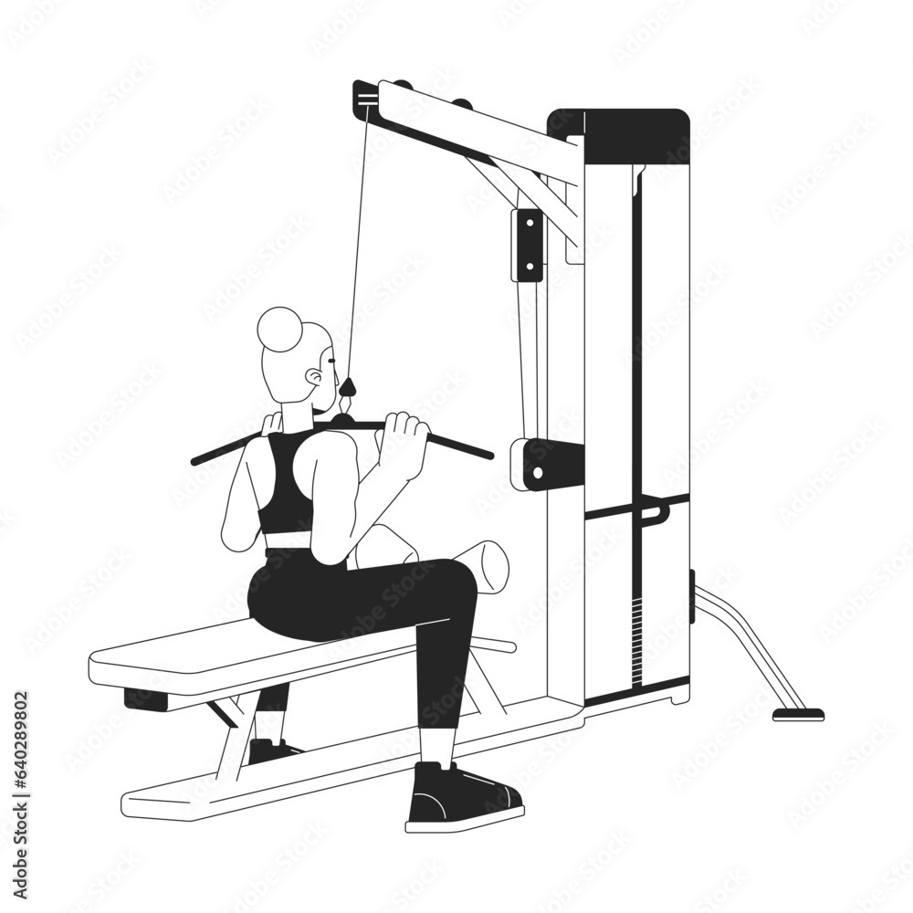 Woman pulling bar down on lat pulldown machine flat line black white ...