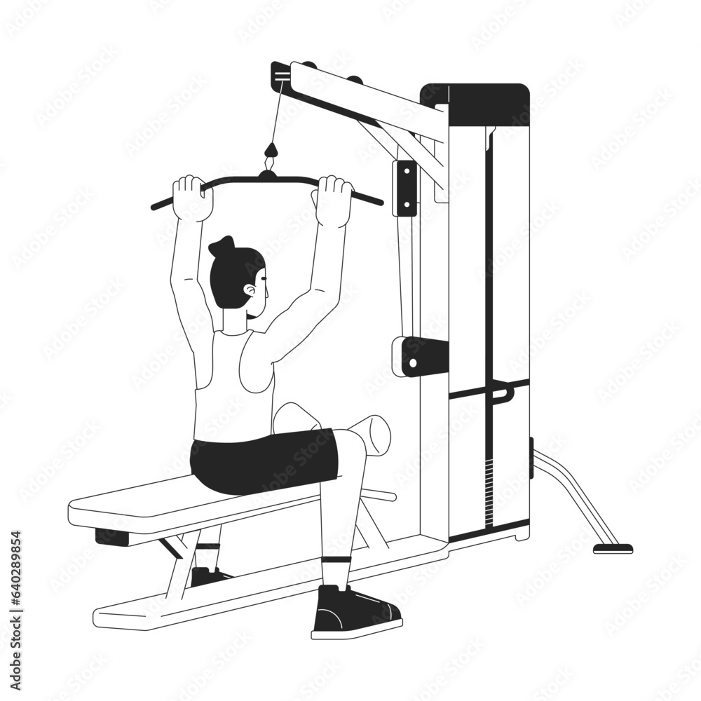 เวกเตอร์ Stock Man holding bar on lat pulldown machine flat line black ...