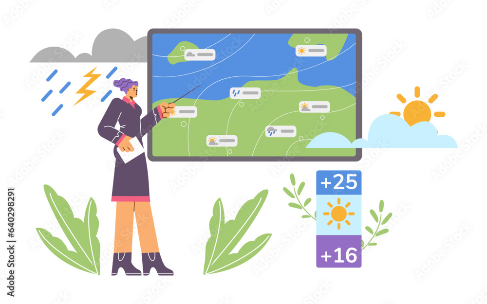 Woman meteorologist pointing on screen map, report on weather forecast ...
