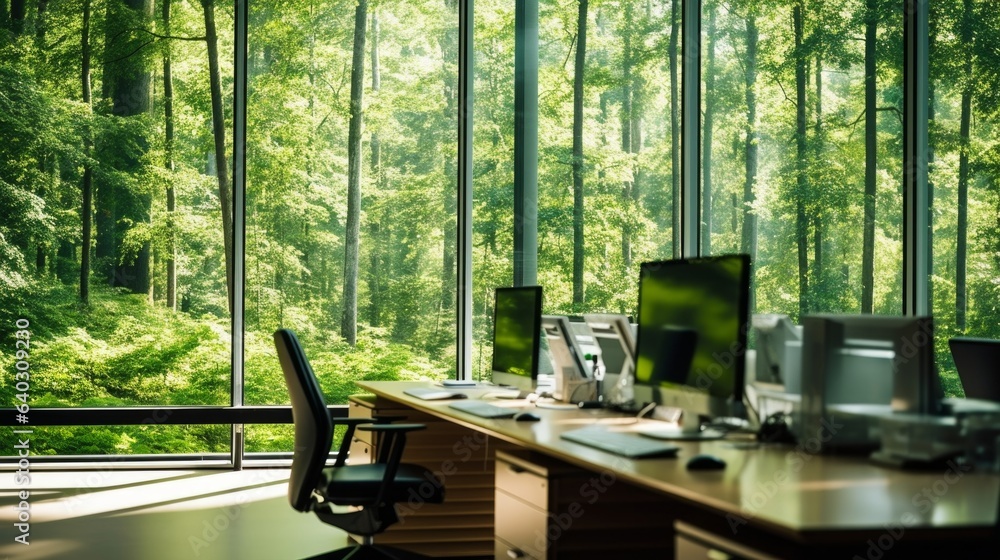 Modern corporate office open space with forest outside the window ...