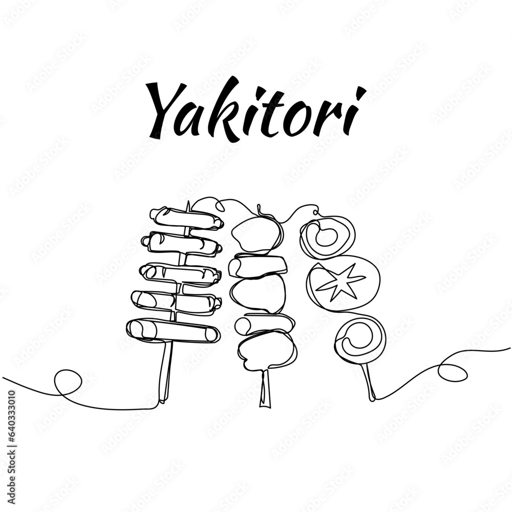 Continuous one line drawing of yakitori. Japanese food vector ...
