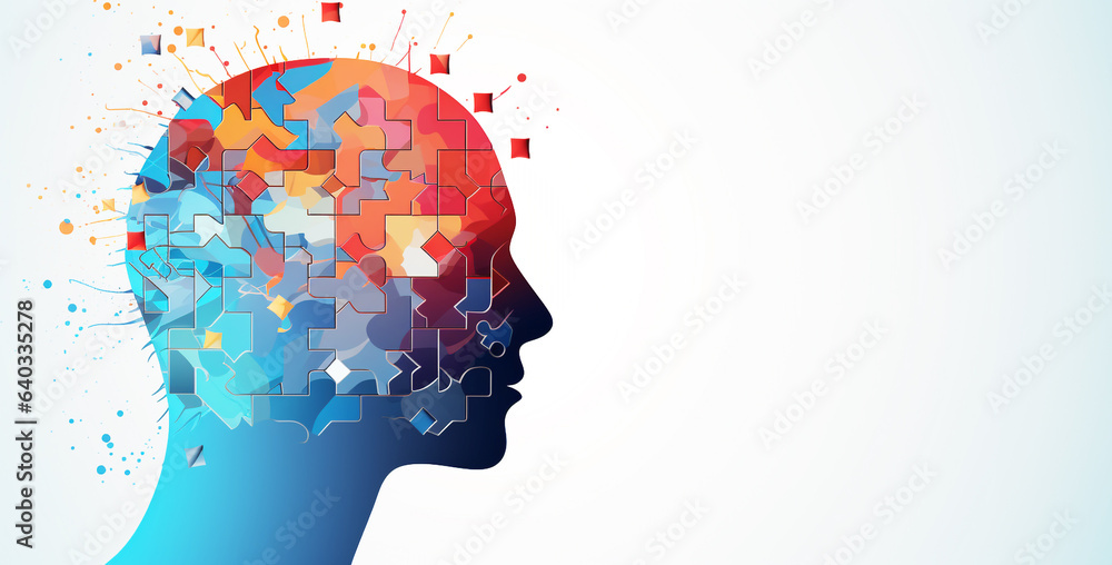 Head profile with jigsaw puzzle pieces falling apart. Alzheimer's and ...