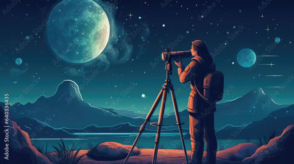 Astronomy vector illustration. Flat tiny space research study person concept. Explore stars and ...