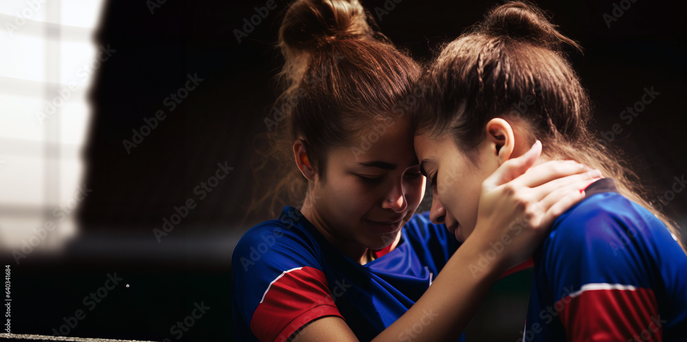 Two young female soccer players jubilantly celebrate a victory on a ...