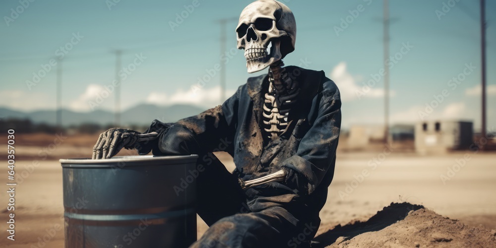 Skeleton in Oil Worker Attire Sits on an Oil Barrel Amid Polluted ...